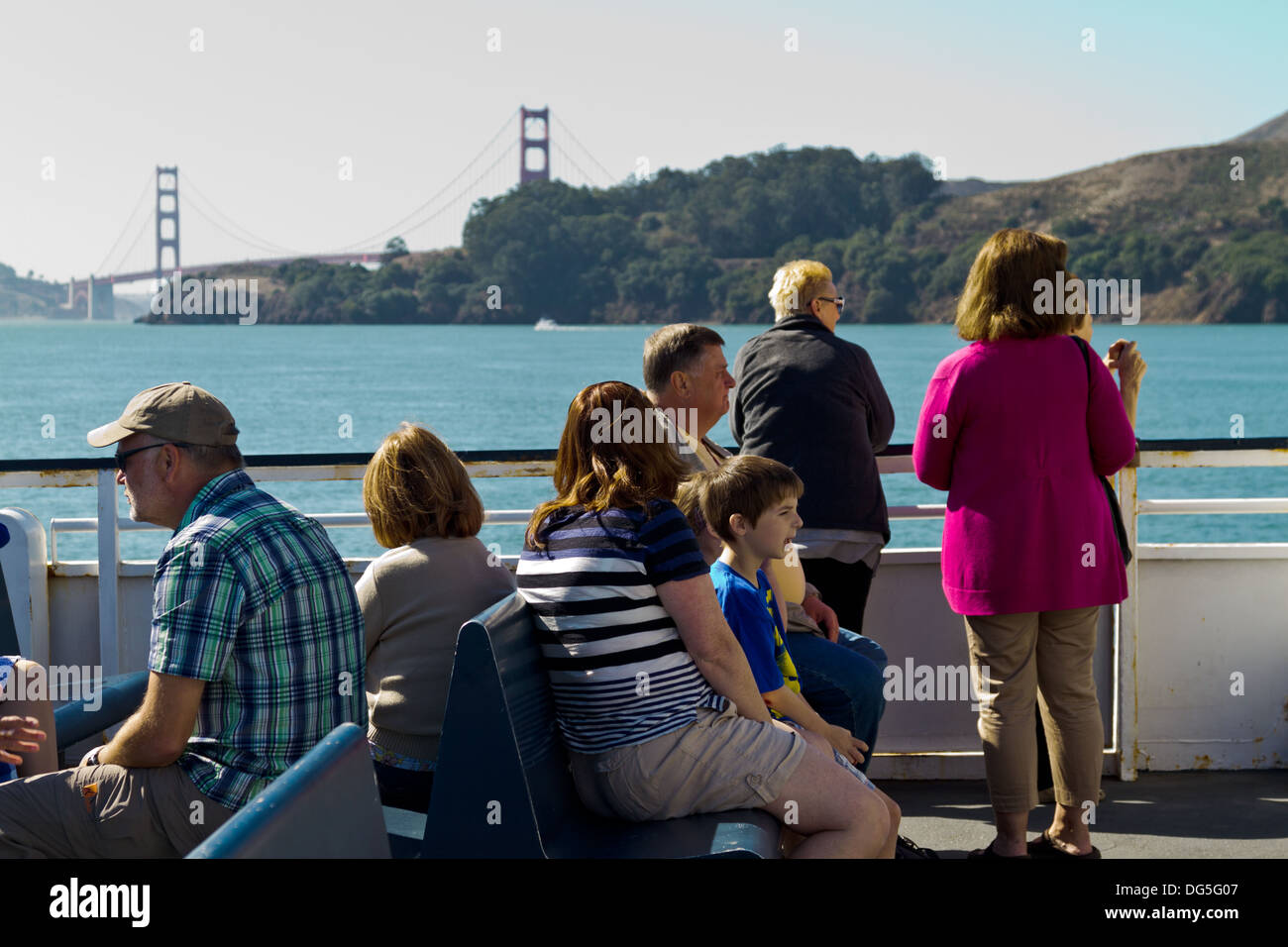 Sightseers approach Sausalito, California on a ferry boat with the ...
