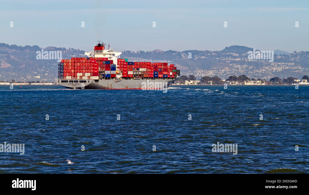 Container ship coming to port in San Francisco Bay with the Berkeley ...