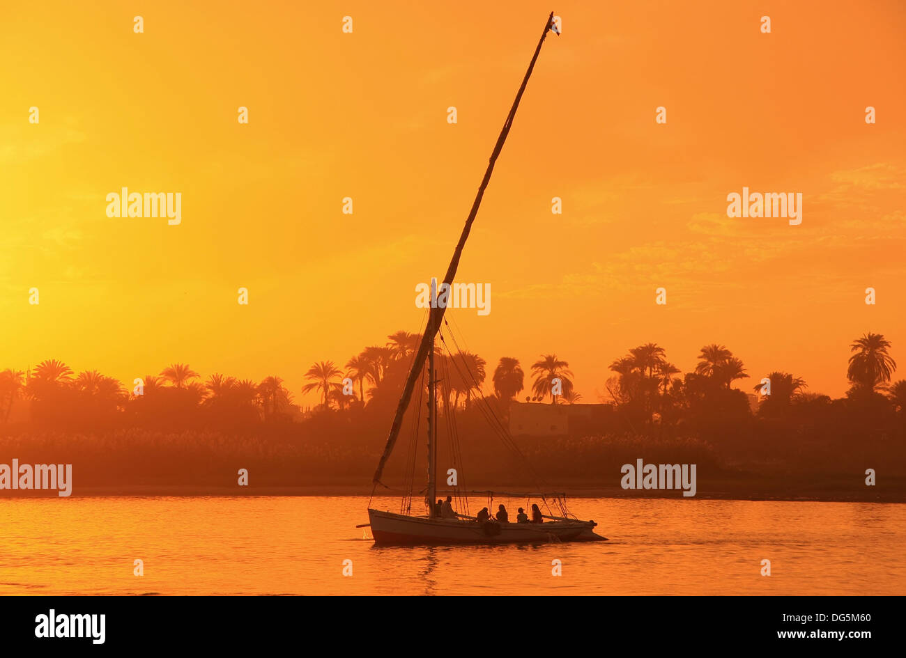 Felucca boat sailing on the Nile river at sunset, Luxor, Egypt Stock ...