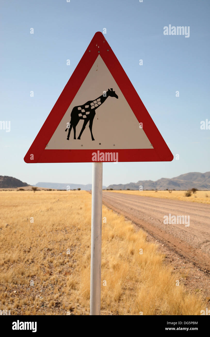 Danger Giraffe Crossing Road Sign close to Country Road, Namibia, South ...