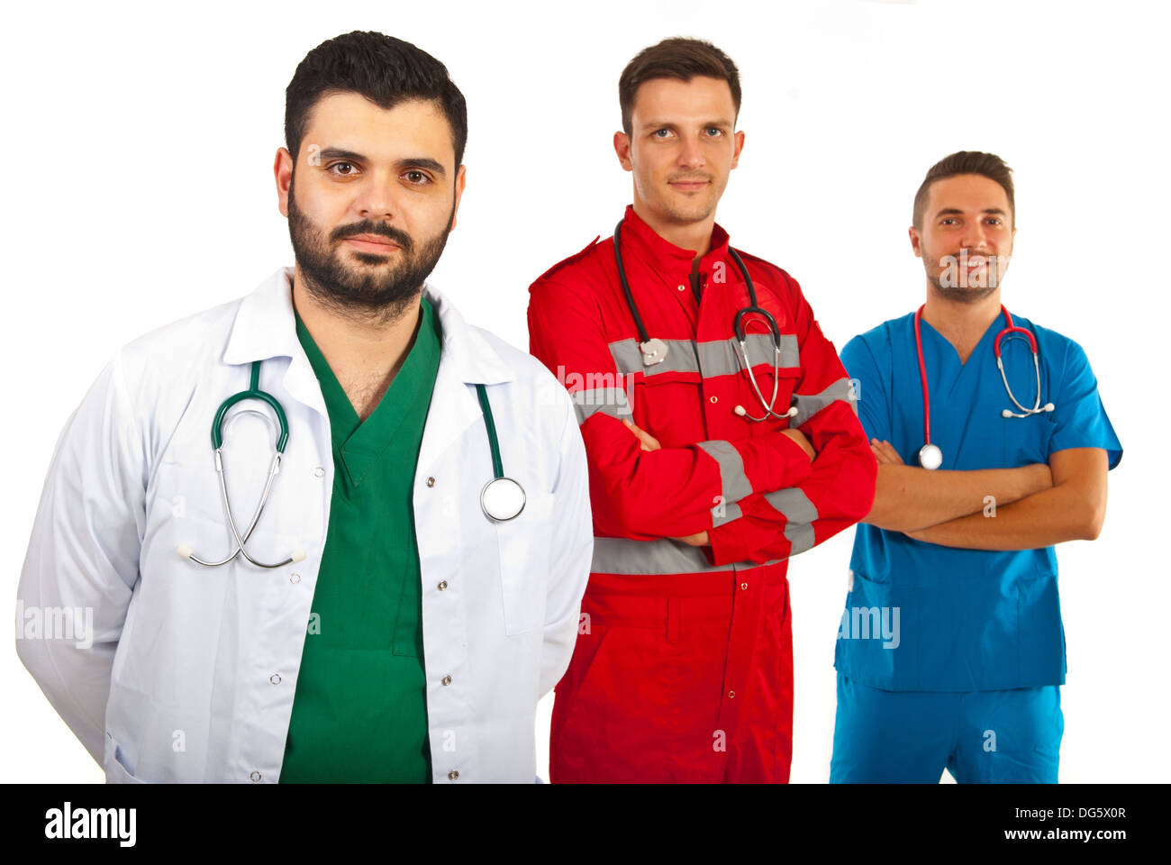 Happy team of three different doctors males isolated on white ...