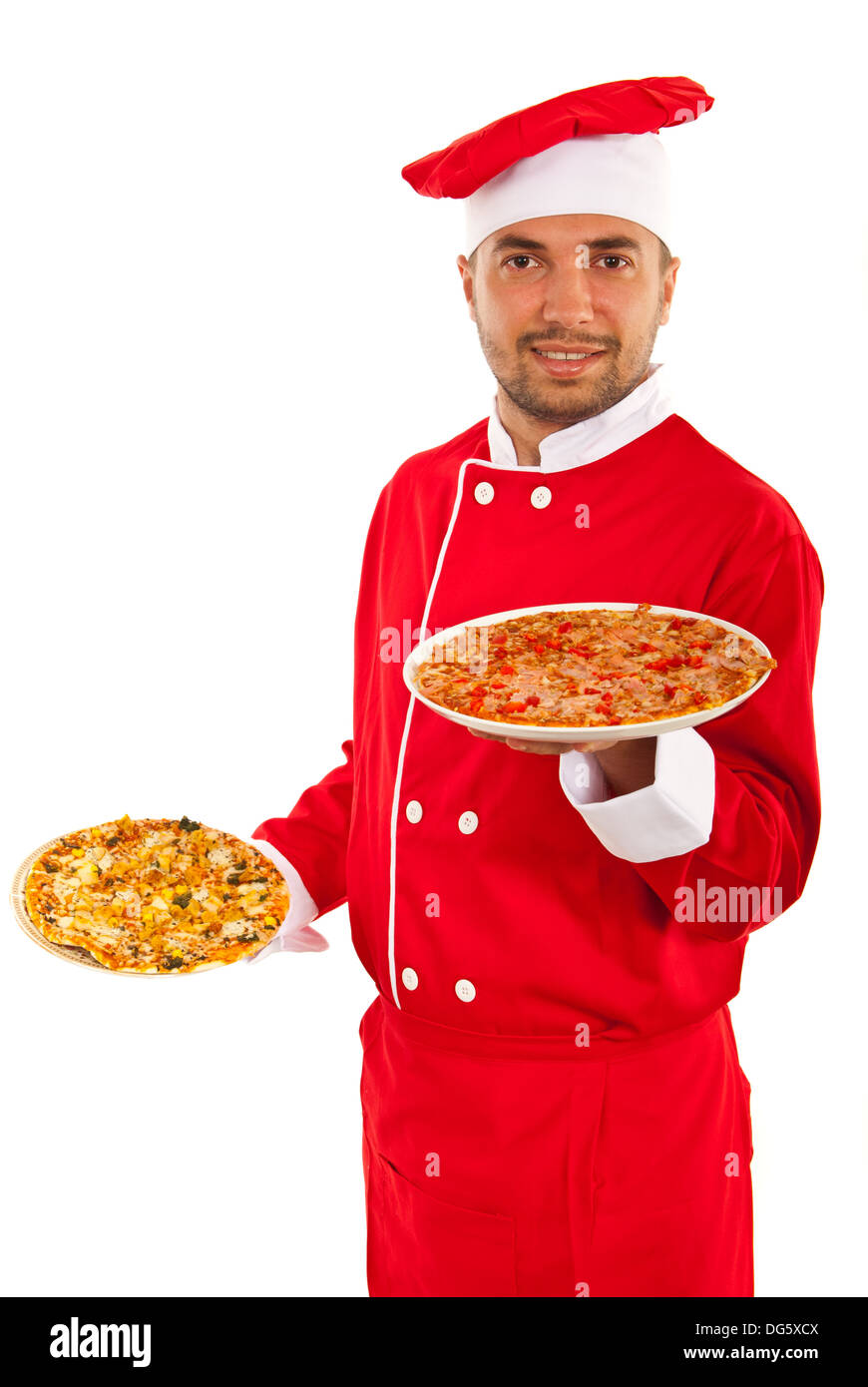 Chef man holding two pizza on plates isolated on white background Stock ...