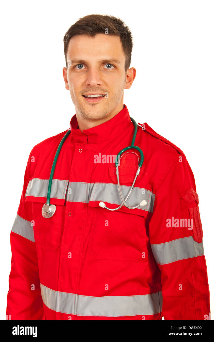 Happy paramedic man isolated on white background Stock Photo - Alamy