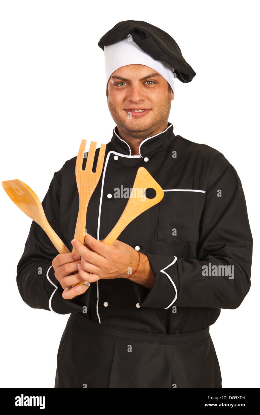 Chef man showing wooden kitchen utensils isolated on white background ...