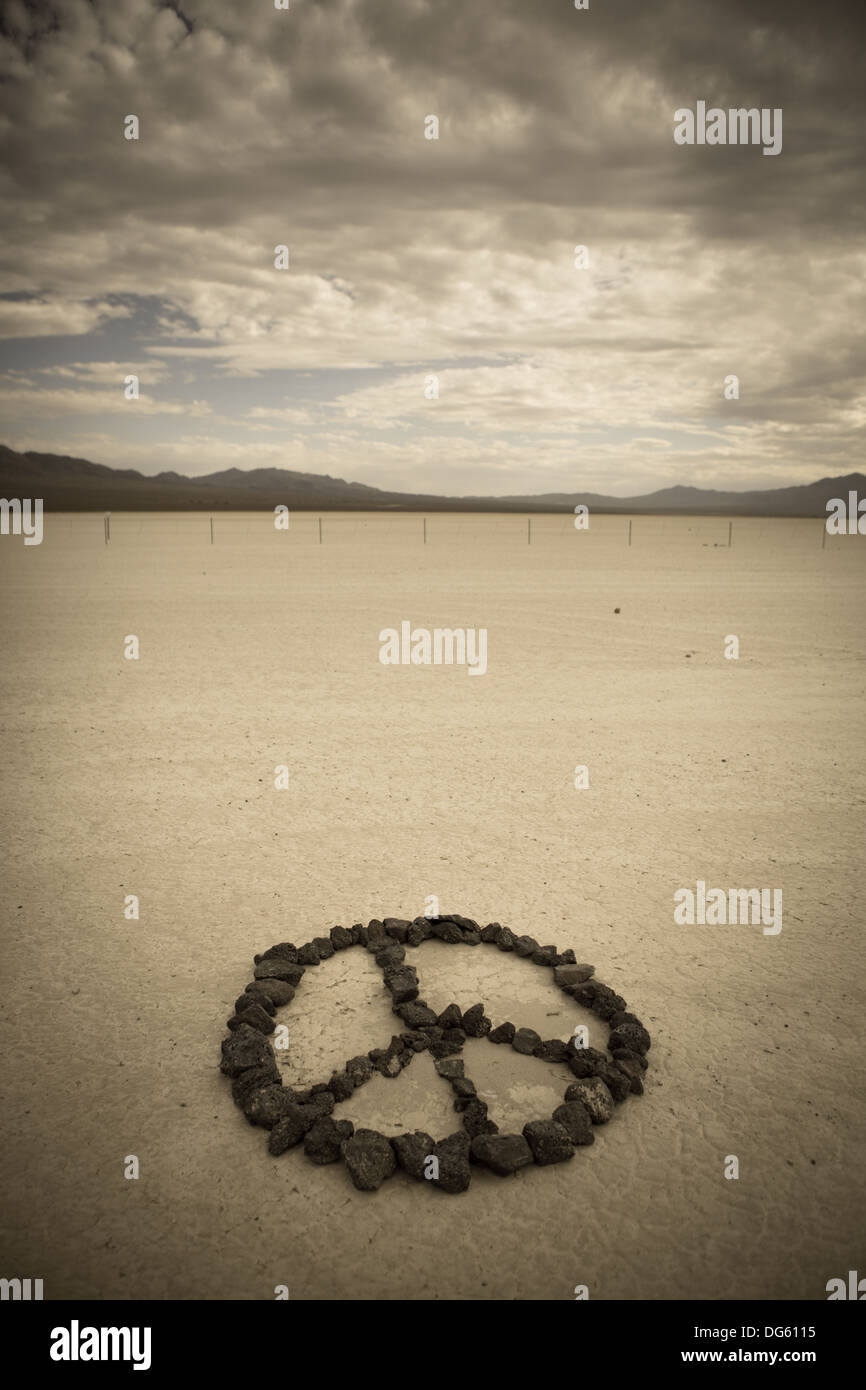 Peace shape made with stones in the desert of Nevada - retro style ...