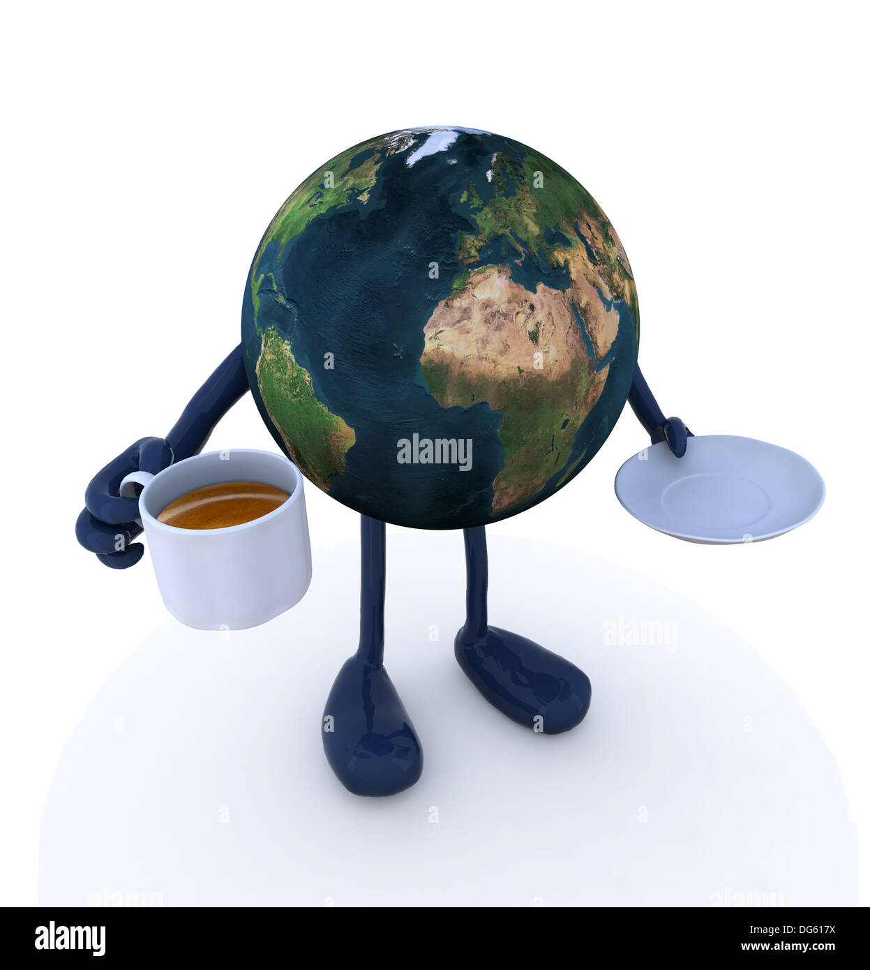 planet earth with arms and legs and cup of coffee, 3d illustration ...