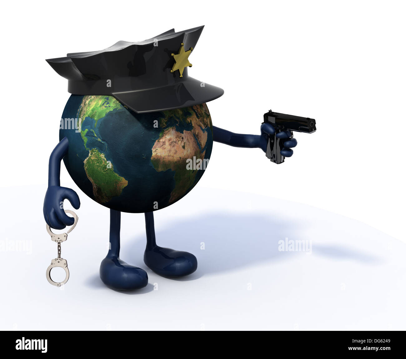 planet earth with arms and legs, police cop and gun on hand, security ...