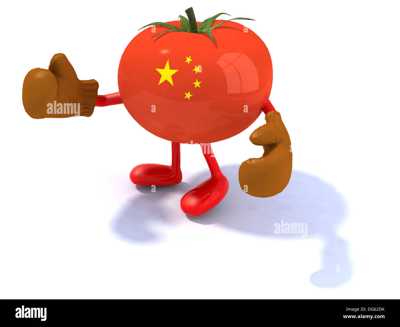 tomato with arms, legs, boxing gloves and Chinese flag on the peel, 3d ...