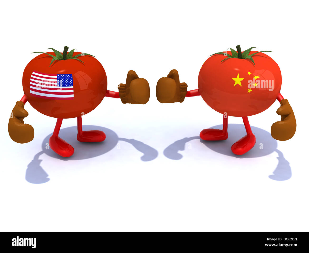 Chinese and American tomato with arms, legs, boxing gloves that fight ...