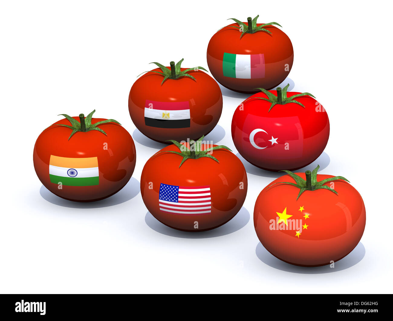 six tomatoes with country flag on the peel: china, usa, india, egypt ...