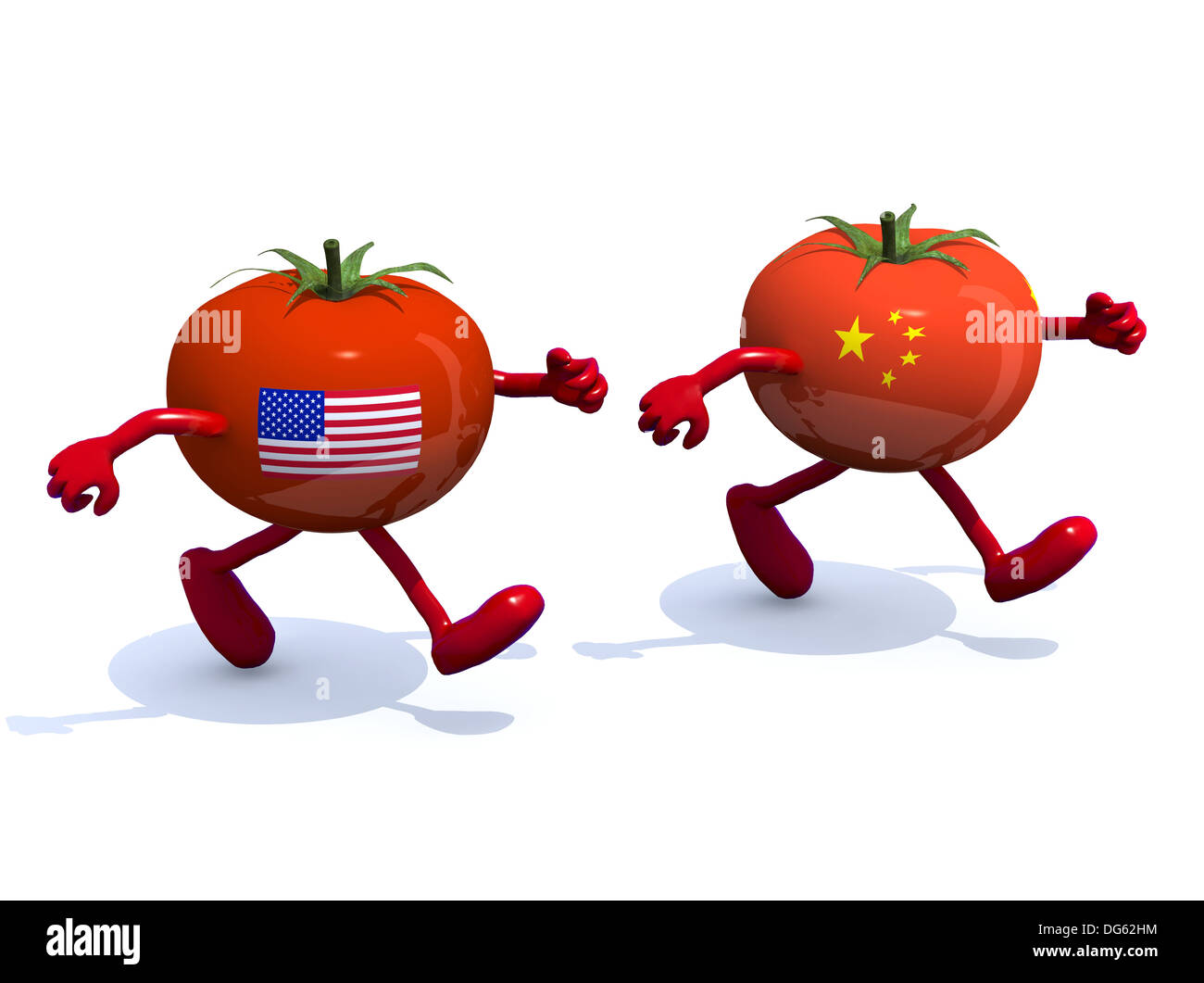 Chinese and American tomato with arms, legs, that run, 3d illustration ...