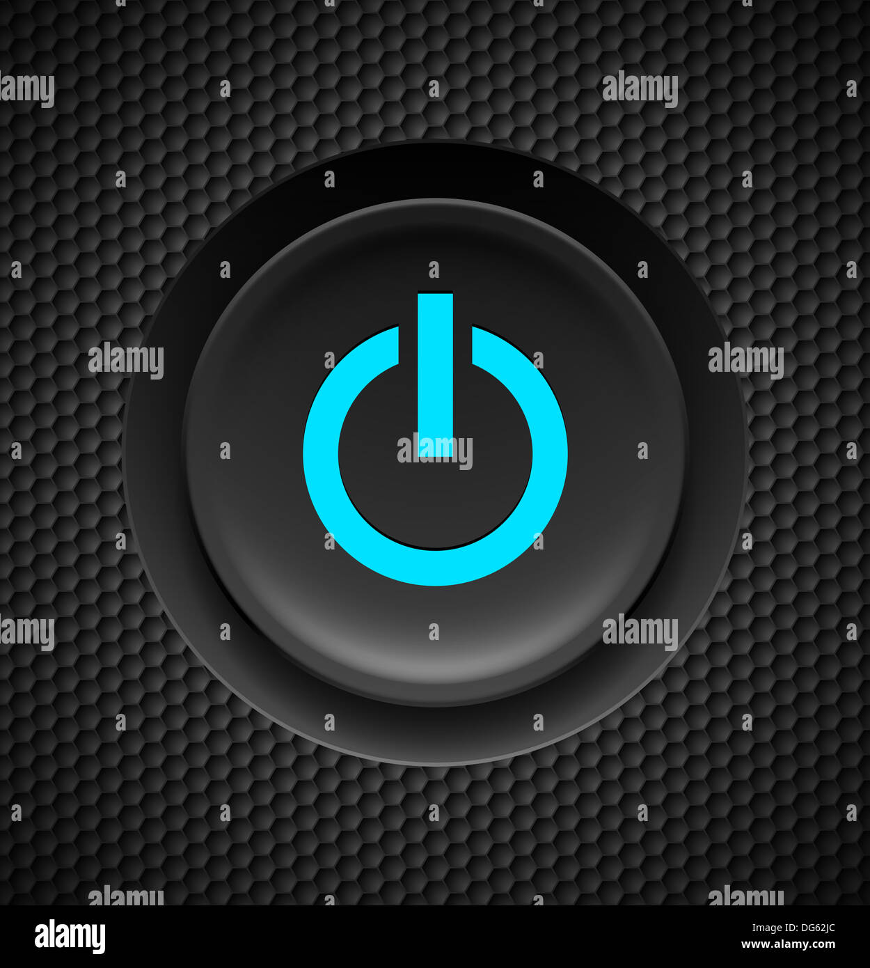 Black button with blue power sign on carbon background Stock Photo - Alamy