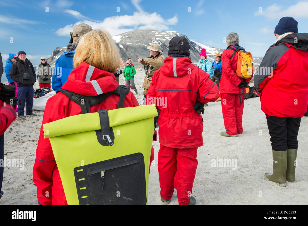 An expedition cruise tour group on a beach in northern Svalbard Stock ...