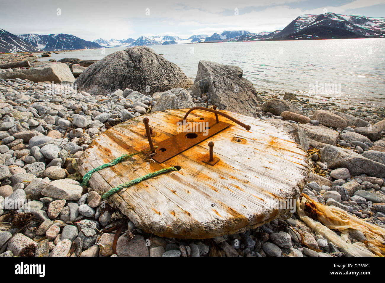 A cable drum washed ashore on a remote beach in Northern Svalbard, only ...