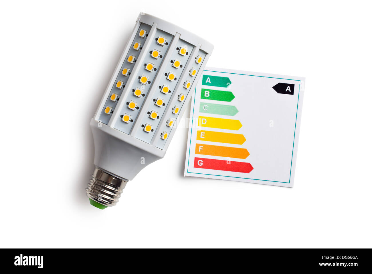 top view of LED lightbulb with energy label on white background Stock ...