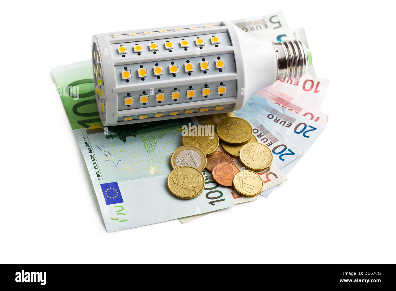 LED lightbulb with euro money on white background Stock Photo - Alamy