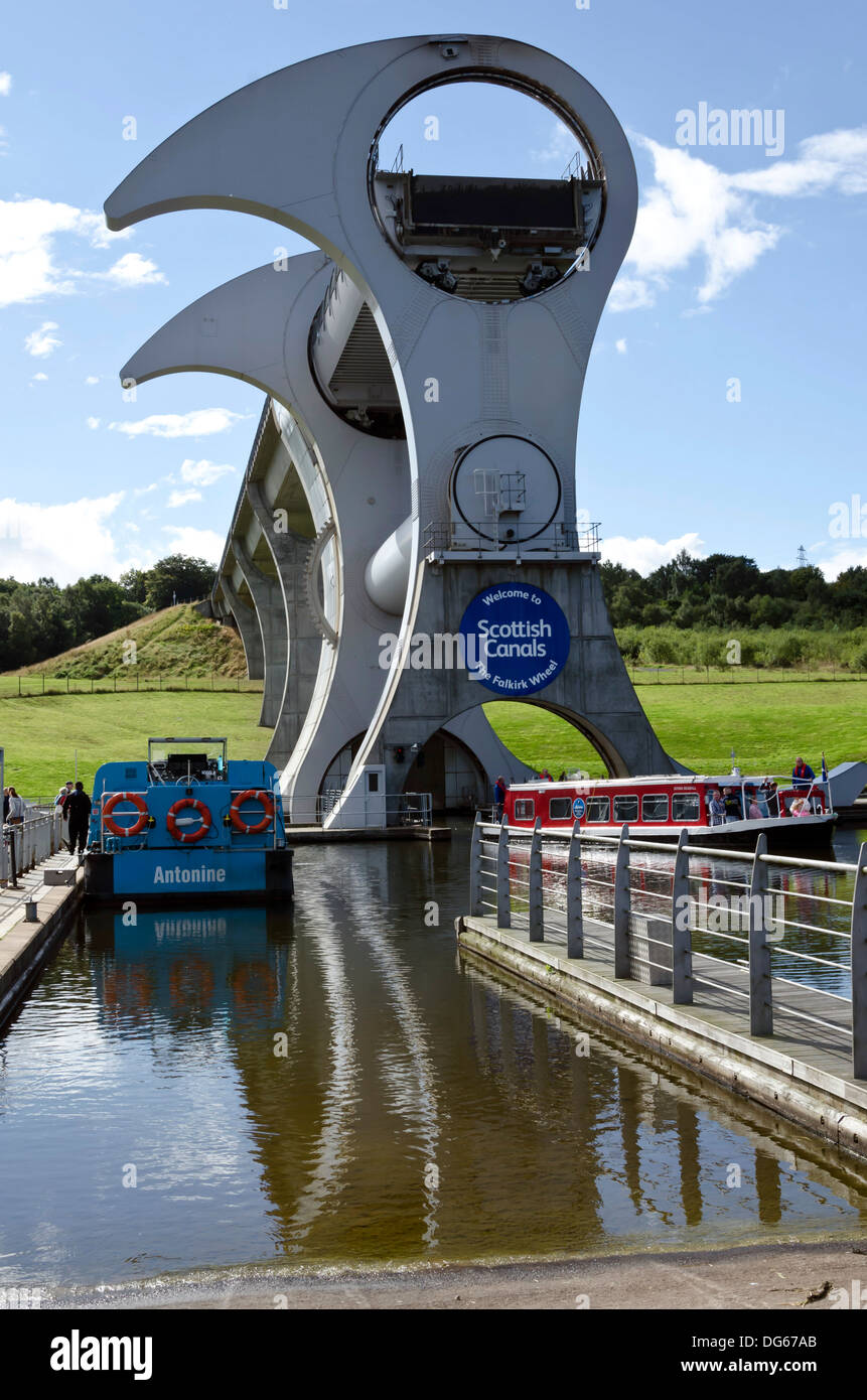 The Falkirk Wheel which connects the Forth and Clyde Canal from Glasgow ...