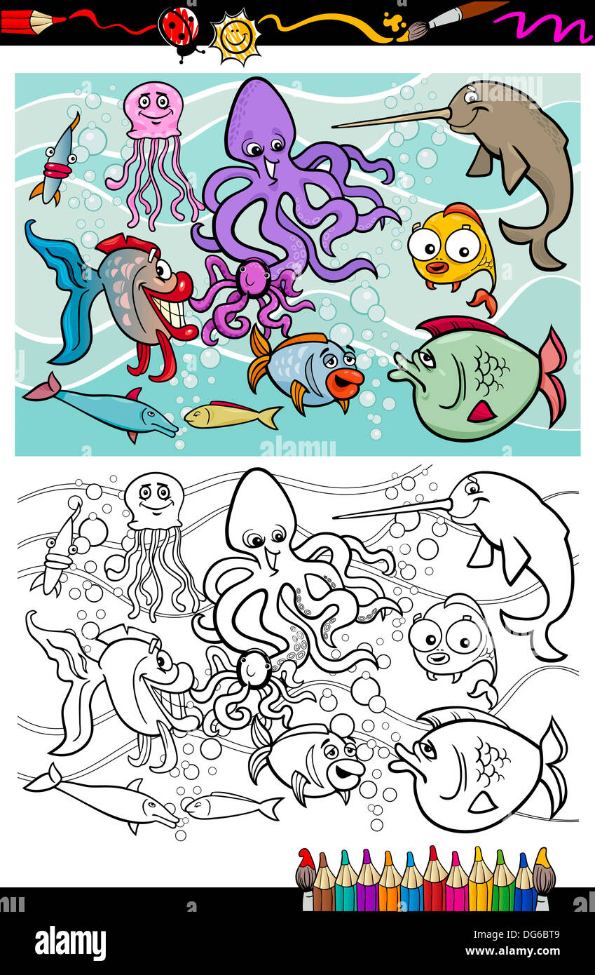 Coloring Book or Page Cartoon Illustrations of Funny Sea Life Animals ...
