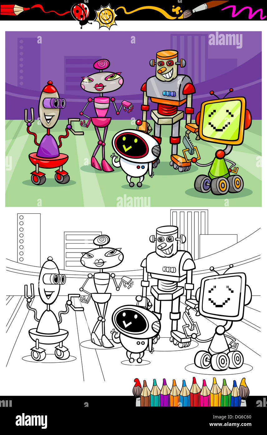 Coloring Book or Page Cartoon Illustration of Black and White Robots ...
