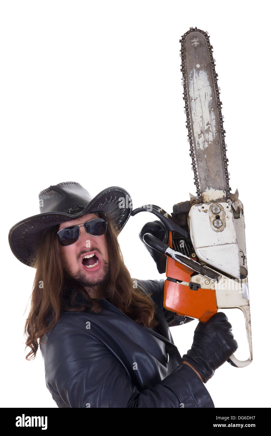 a man with a chainsaw with an expression Stock Photo - Alamy