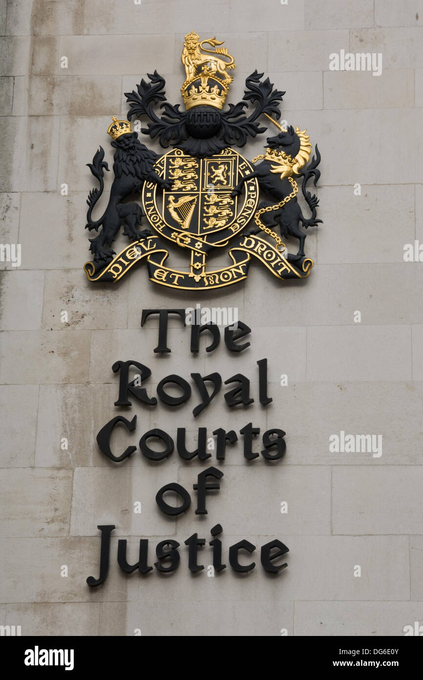 Close up of sign on the side of the Royal Courts of Justice in the ...