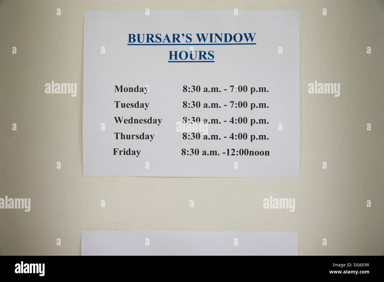 Sign at a college reading, ´Bursar´s Window - Hours´ Stock Photo - Alamy