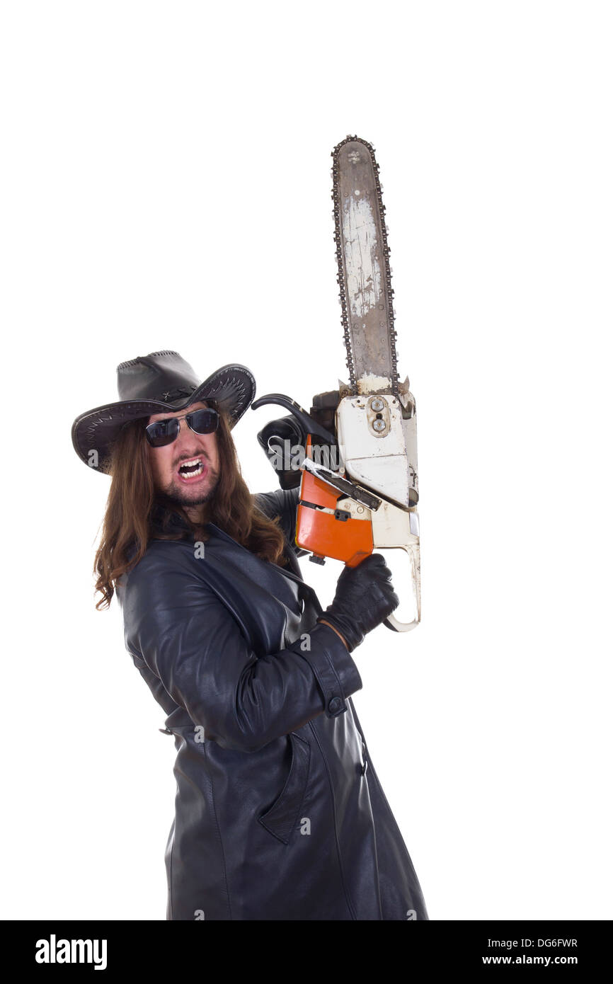 man holding chainsaw Stock Photo - Alamy