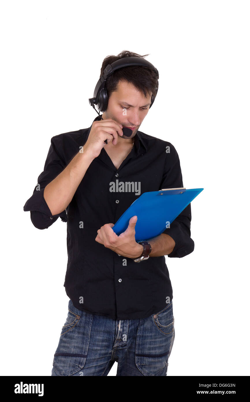 man giving orders over microphone Stock Photo - Alamy