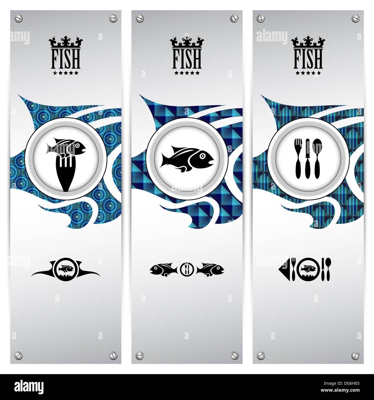 three variations of fish banners with different geometrical designs ...