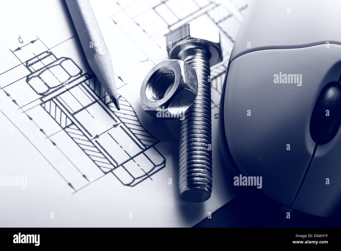 Drafting, mouse and screw bolt with nut Stock Photo - Alamy