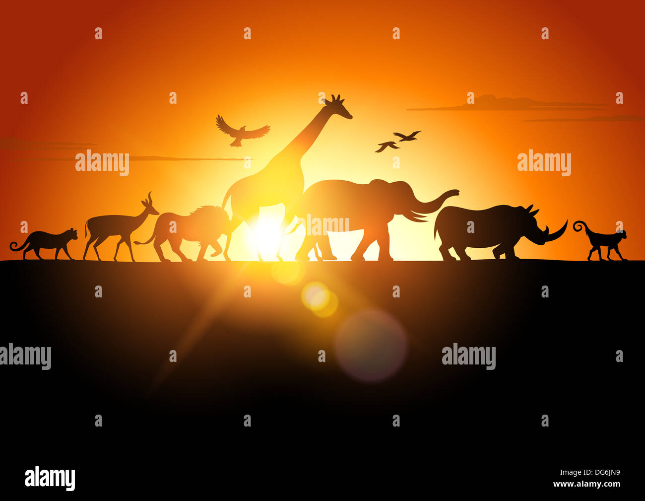Sunset Safari - Wildlife silhouetted against a sunset - vector ...