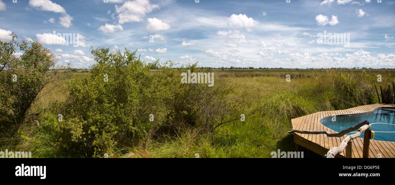 Panoramic view of swimming pool in the bush in the Delta of Okavango ...