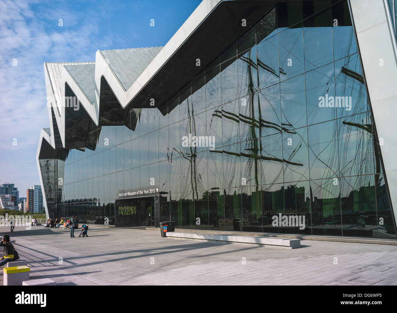 An imposing front view of the Riverside Museum Glasgow with a ...