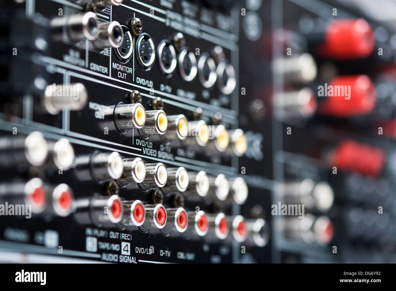 Closeup of back side Hi-Tech AV receiver's connectors Stock Photo - Alamy
