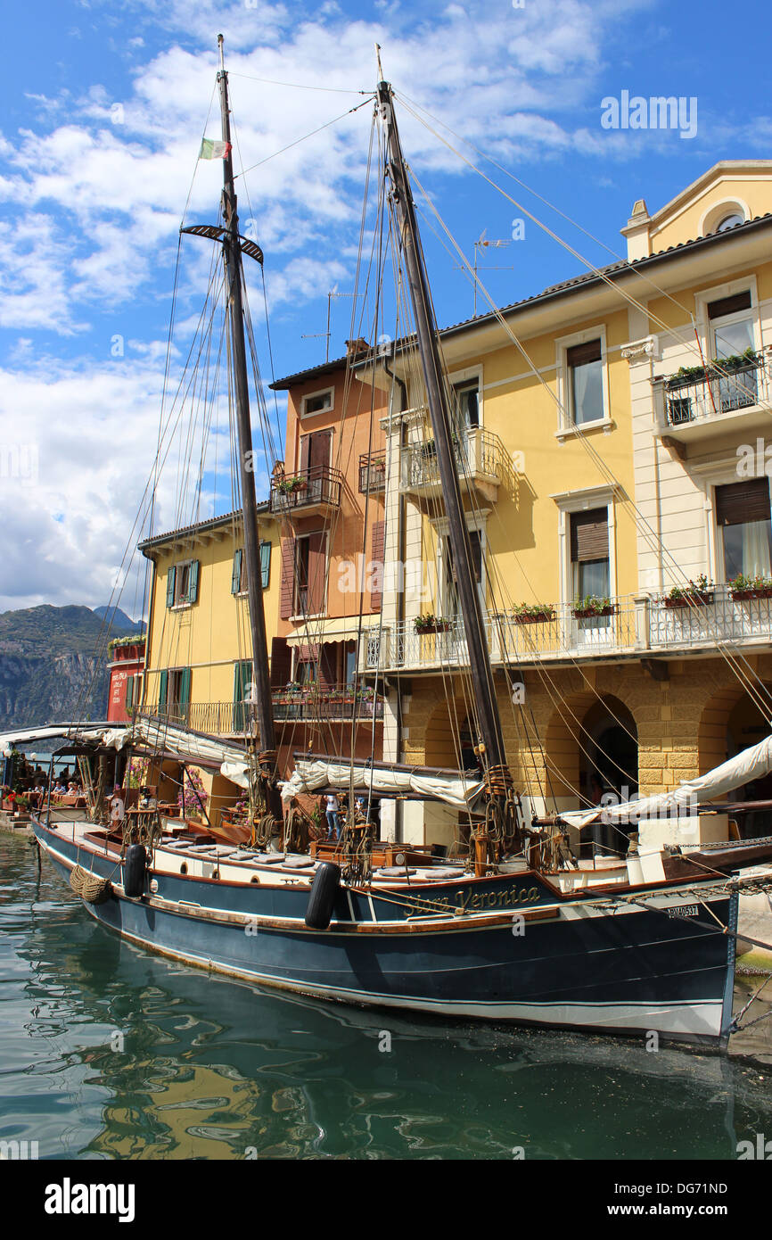 Sailboat Siora Veronica in the harbor at Malcesine on Lake Garda ...
