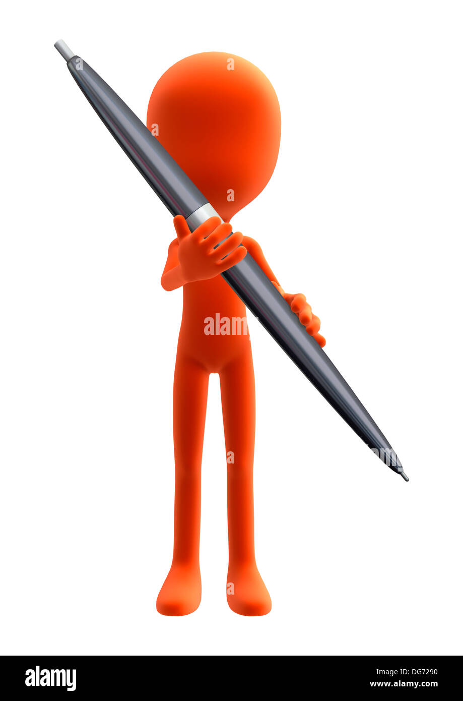 3D digital render of a cute little orange guy holding a big pen ...