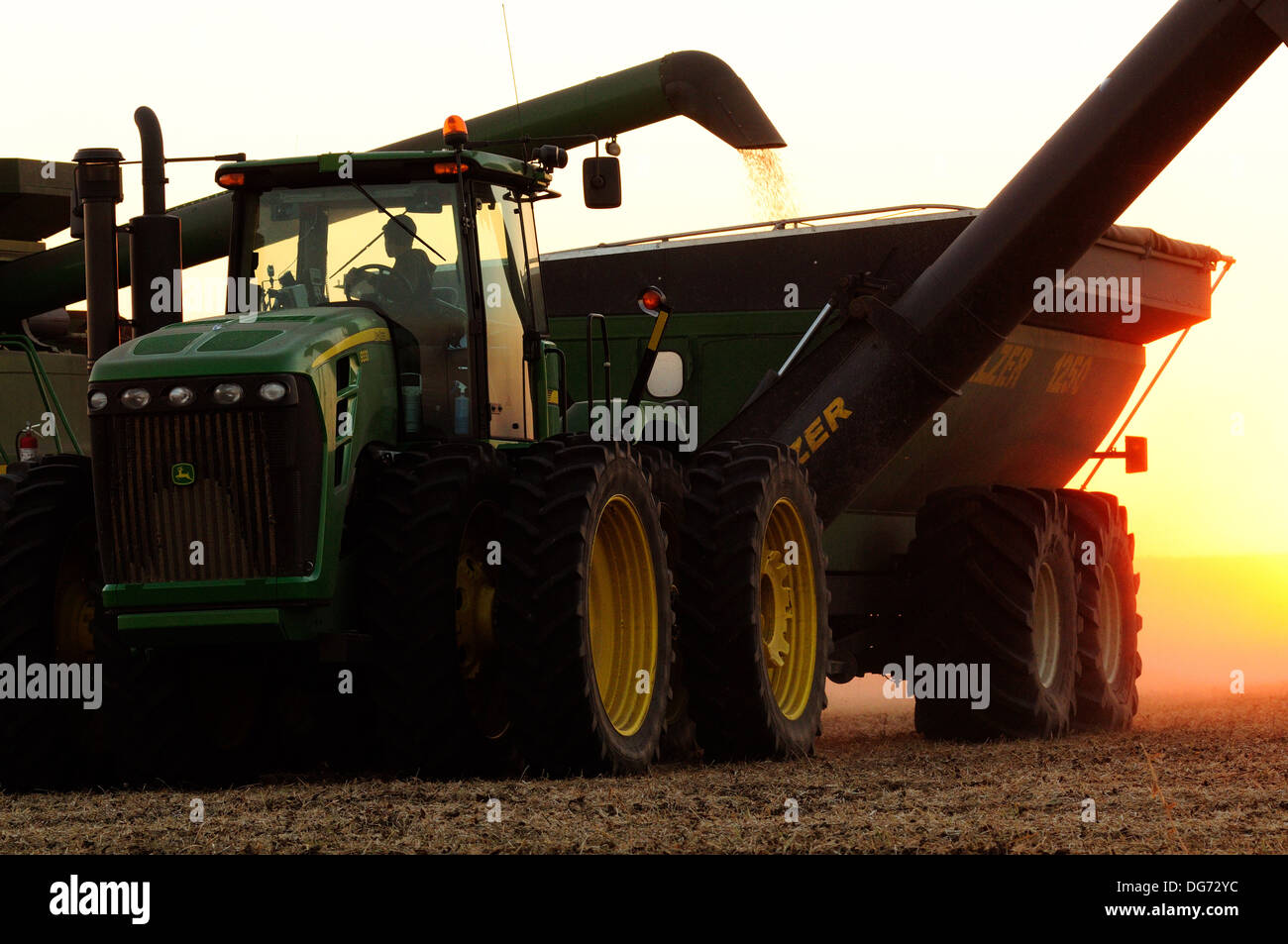 A Case IH tractor pulling a Brent grain wagon during soybean harvest ...