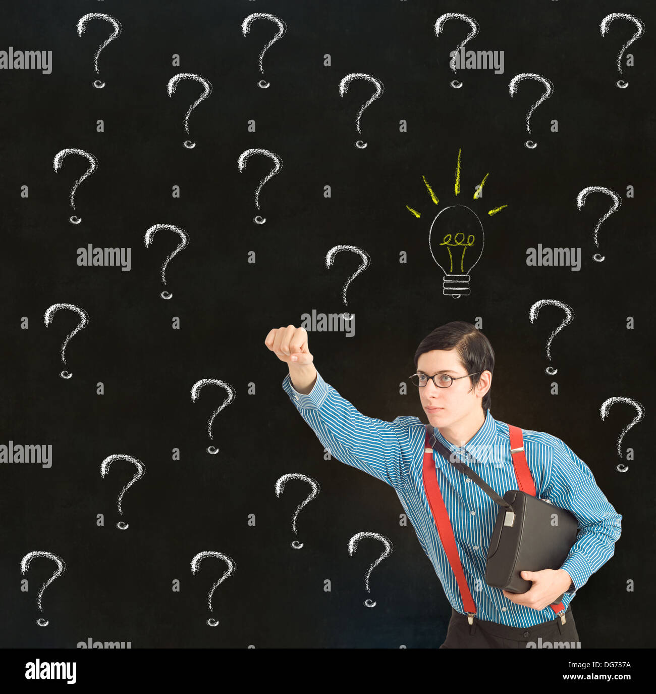 Nerd geek businessman, student or teacher with chalk question ideas on ...