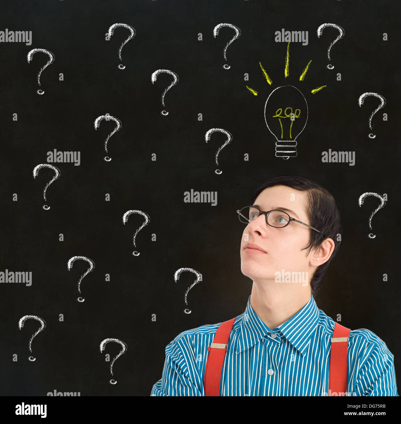 Nerd geek businessman, student or teacher with chalk question ideas on ...