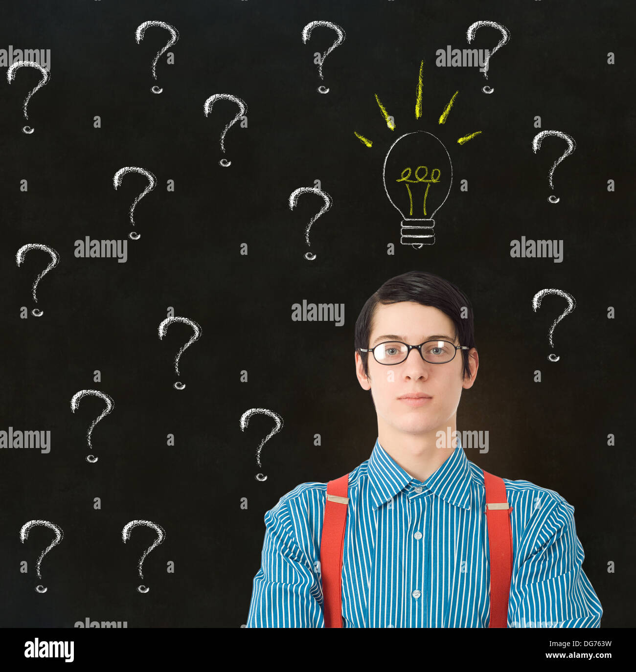Nerd geek businessman, student or teacher with chalk question ideas on ...