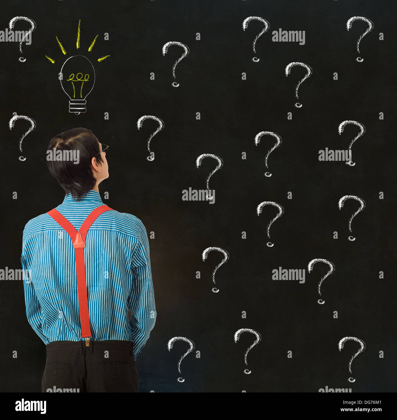 Nerd geek businessman, student or teacher with chalk question ideas on ...