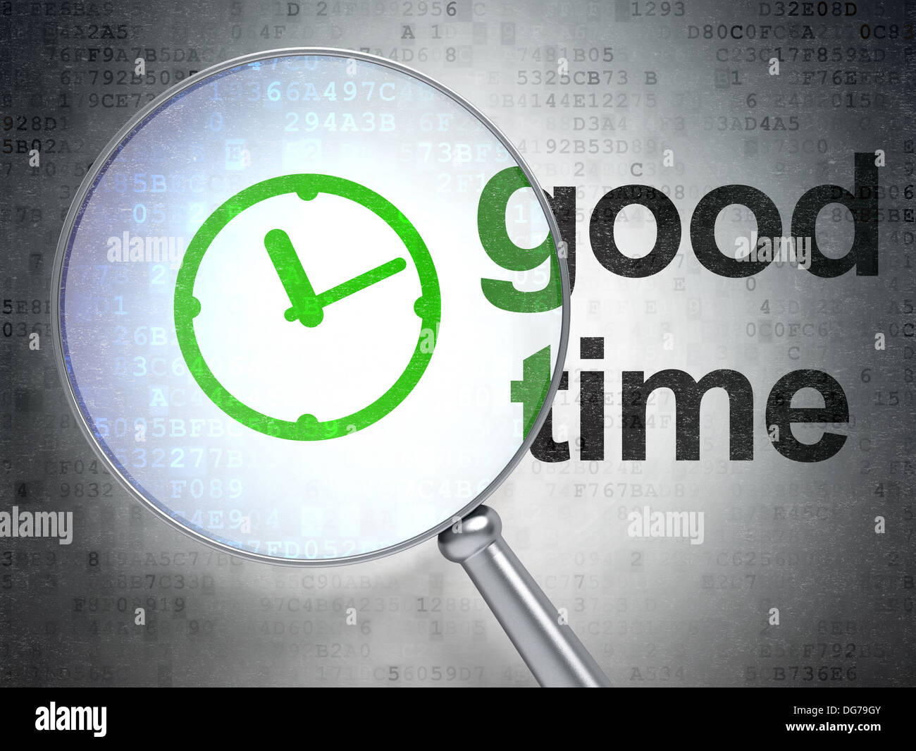 Timeline concept: Clock and Good Time with optical glass Stock Photo ...