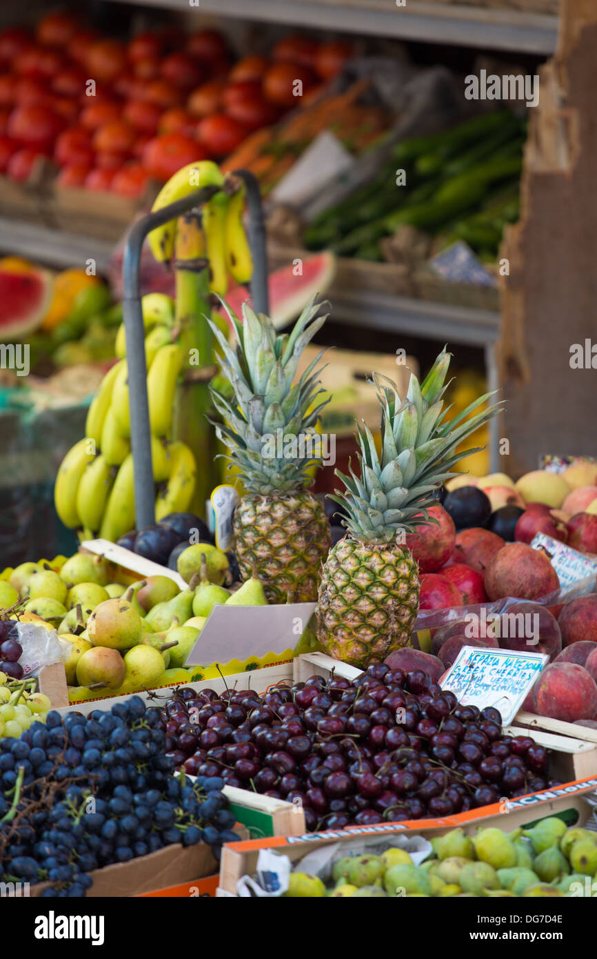 Food-stand with exotic fruits, and one of the local markets in crete ...