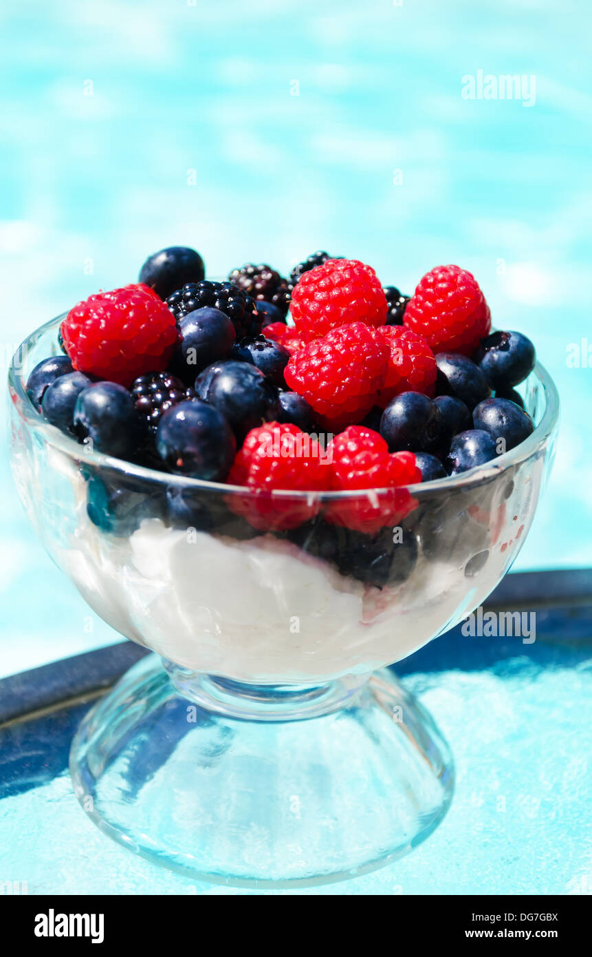 Morning dessert with fresh berries by the swimming pool Stock Photo - Alamy