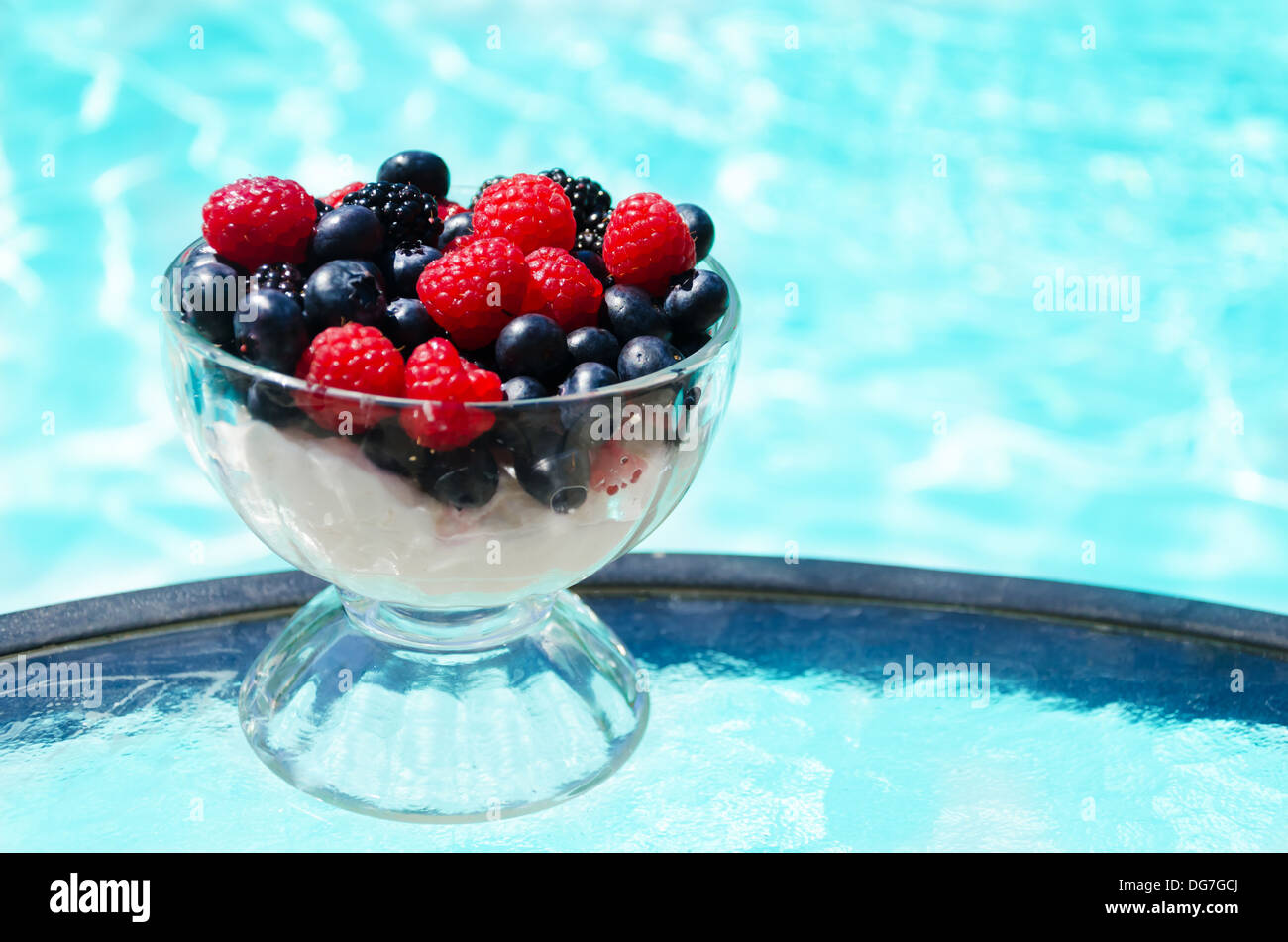 Morning dessert with fresh berries by the swimming pool Stock Photo - Alamy