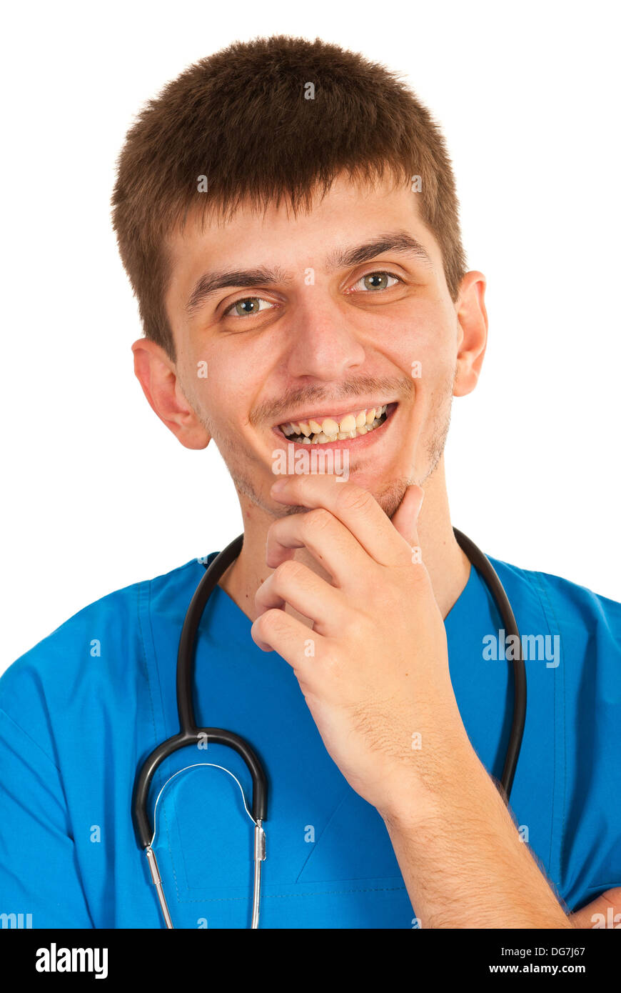 Happy male doctor laughing and holding hand to chin isolated on white ...
