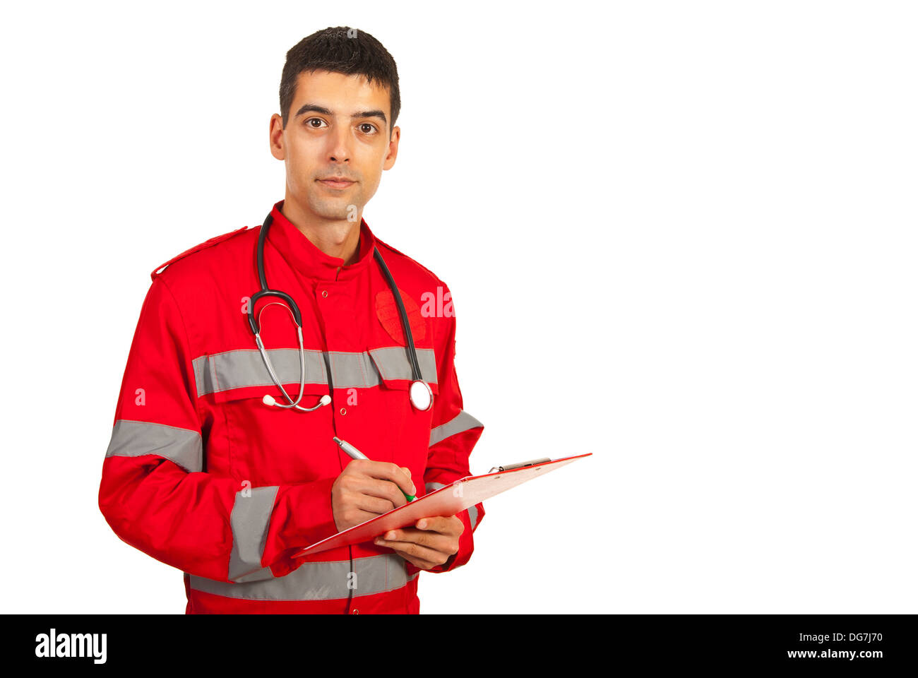 Paramedic man taking notes and standing in semi profile isolated on ...