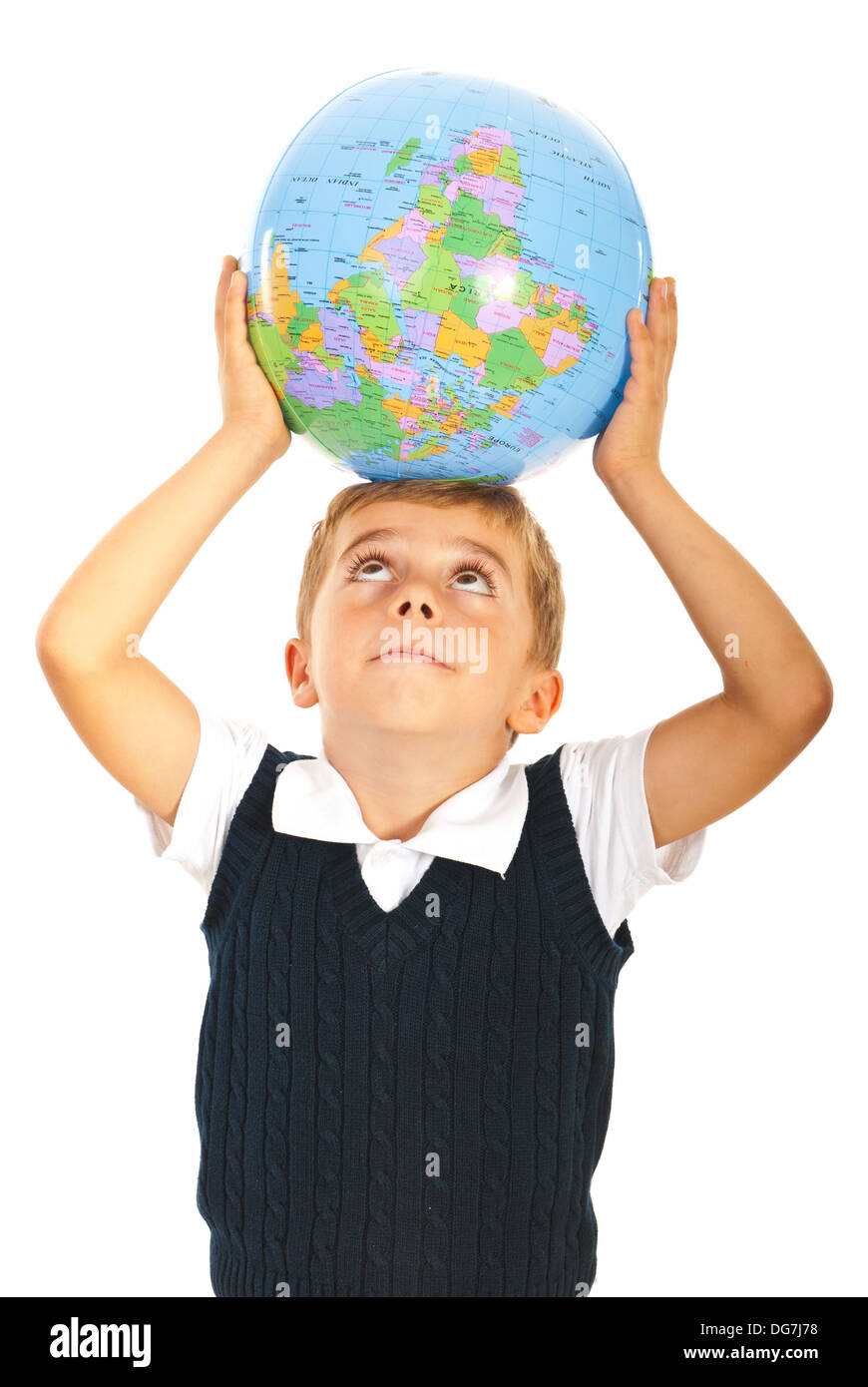 School boy holding world globe on head and looking up isolated on white ...