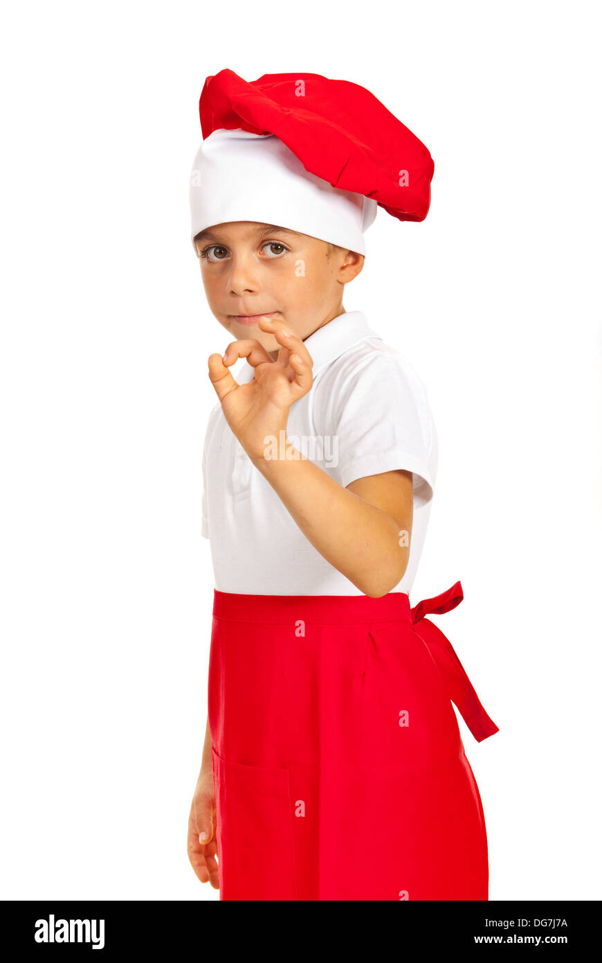 Chef boy showing okay sign hand gesture isolated on white background ...