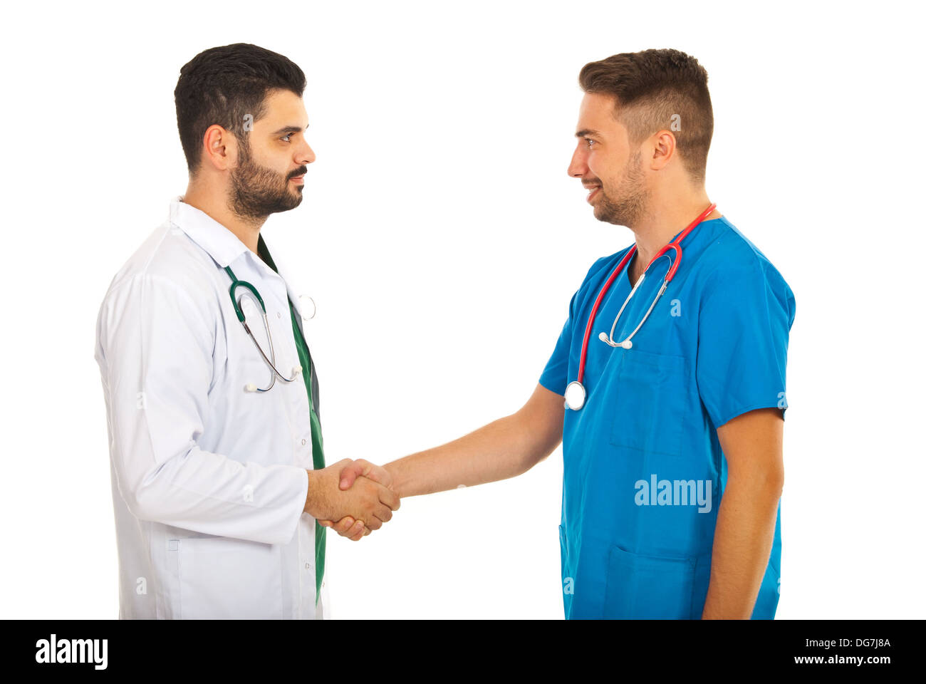 Two doctors men giving hand shake isolated on white background Stock ...